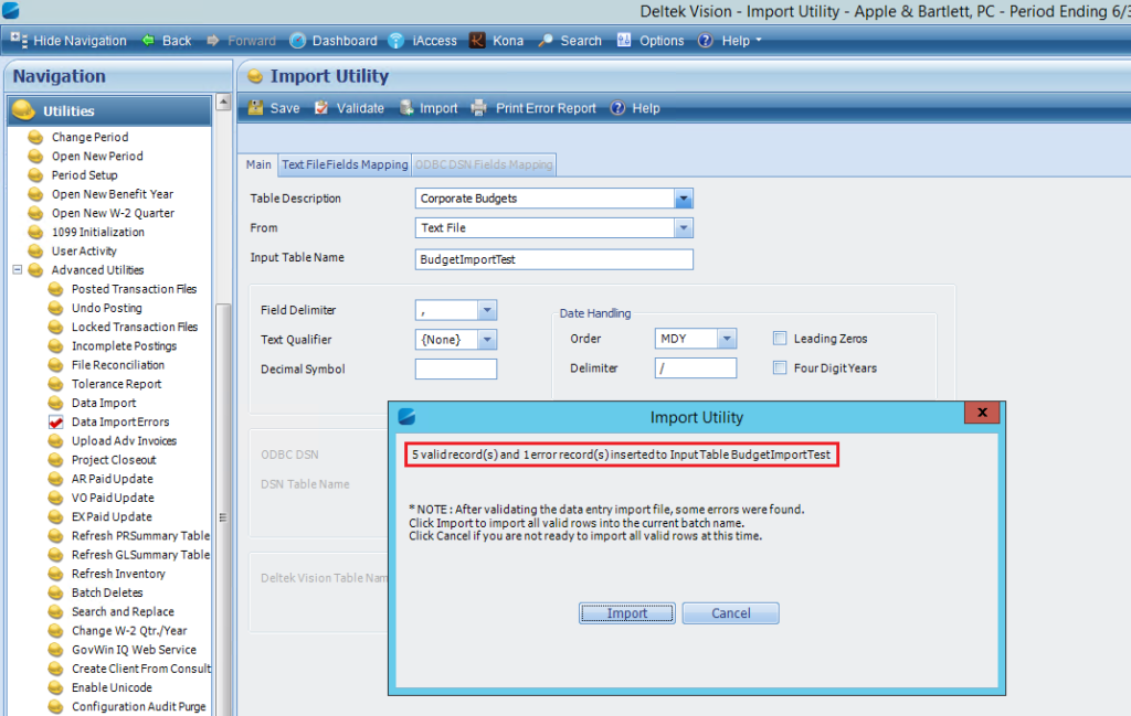 Deltek Vision Data Importing Error Report Fix Importing Errors 
